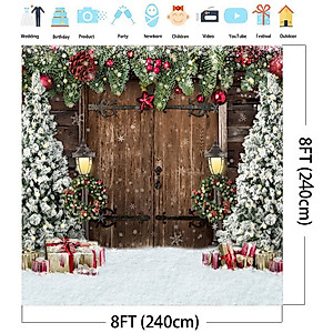 Lofaris Winter Christmas Backdrop Xmas Photography Backdrop Rustic Barn Wood Door Backdrop Xmas Tree Snow Gift Bell Kids Adult Family Supplies Banner Party Baby Shower Decoration Background 8x8ft