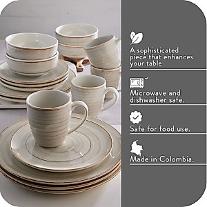 Corona Dinnerware Set 16– piece, Plates Bowls and Mugs Set, Ceramic Sets for 4, Microwave and Dishwasher Safe, Gray Caoba Hand-Painted Design