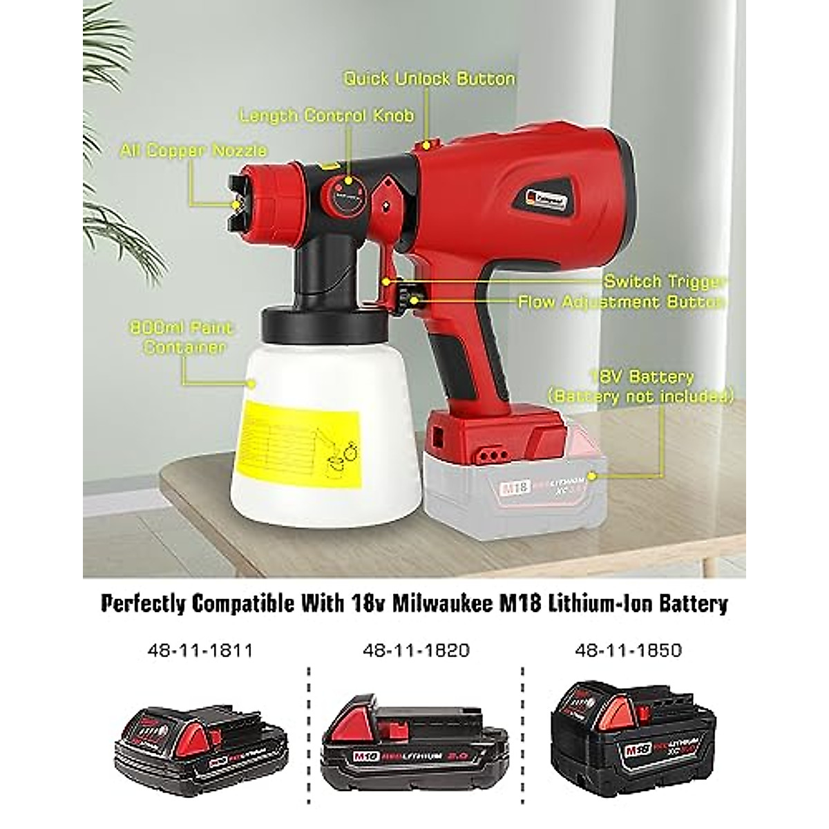 Cordless Paint Sprayer for Milwaukee M18 18v Battery,HVLP Paint Sprayer Gun for Cabinets Cars Walls Furniture House Painting (Tool Only)