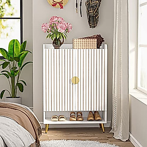 Tribesigns Shoe Cabinet with Doors, 7-Tier Shoe Storage Cabinet with Adjustable Shelves, Wooden Shoes Rack Shoe Storage Organizer for Entryway, Hallway, Closet, Living Room, Gold White