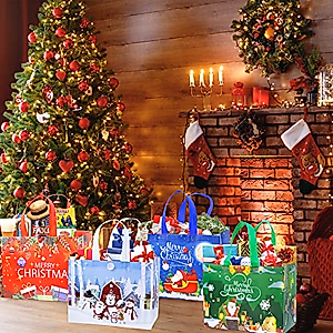 Large Christmas Gift Bags with Handles, Reusable Christmas Grocery Tote Bags for Christmas Holiday Gift Groceries Shopping Xmas Party Supplies, 8 Pack