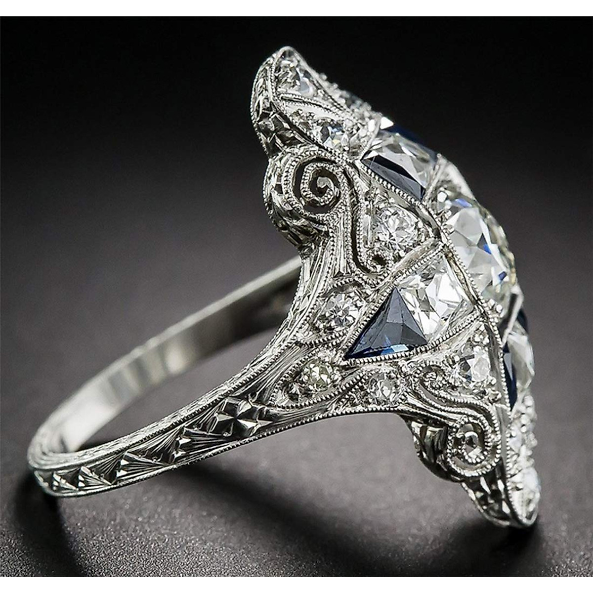 Aimys Vintage Rhodium Plated Cubic Zirconia CZ Statement Art Deco Milgrain Cocktail Fashion Right Hand Ring Women Sapphire Gems Wedding Engagement Jewelry Size 6