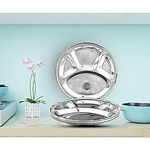 King International Stainless Steel Plates, Divided Indian Dinner Plate,Four Section Round Plates Set Of 4, 12'', Section Control Plate, Kids Plate, Indian Thali Plate