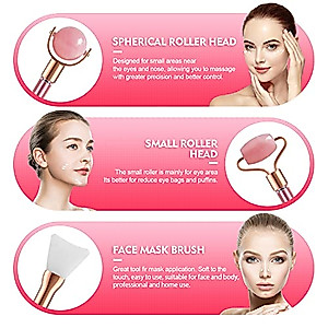 5 in 1 Facial Jade Roller Massager Set-Natural Jade Ridge Roller, Facial Jade Roller, Eye Roller, Body Roller and Silicone Brush. Rose Quartz Massager for Face, Eye, Chin, Body, Neck