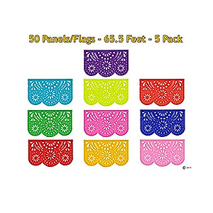 Mexican Papel Picado Banner (5 Count) Mexican Fiesta Decorations 50 Paper Tissue Paper Panels of Vivid Color Flowers 65.5 Feet Total Length