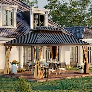 GAZEBEST 12' X 16' Hardtop Gazebo, Outdoor Galvanized Steel Double Roof Permanent Aluminum Frame Pavilion Pergola Canopy with Privacy Curtains for Garden, Patio, Backyard, Deck and Lawns.