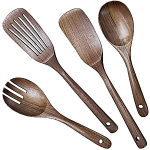 Wooden Spoons Spatula for Cooking，Walnut Wooden Kitchen Cooking Utensil Set 4 Pcs Cookware Household Shovel Spoon Fork Cooking Set Handmade Kitchen Tableware