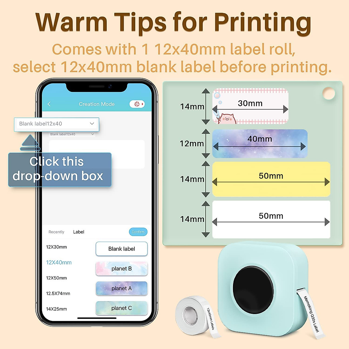 Memoking Small Label Maker Q30S Label Makers with Tape Portable - Wireless Bluetooth Label Maker with Different Fonts, Easy to Use, with 3 Rolls 14mm x 40mm White Thermal Labels Tapes