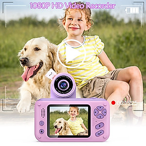 PURULU Upgraded Real 1080P Kids Camera with Flip-up Lens for Selfie & Video, 32GB SD Card Included, 2.4" Screen Camera Toy for 4-12 Years Old Girls Boys on Birthday Party as Gift, Pink