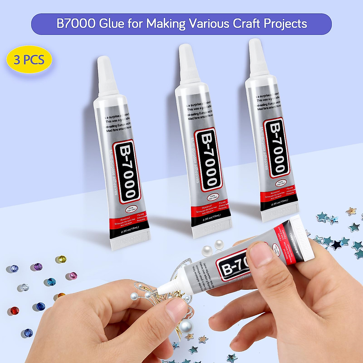 3PCS B7000 Jewelry Glue for Jewelry Making, FITTDYHE 15ML/0.5fl oz Clear Glue DIY Craft Glue Rhinestones Glue, Waterproof Stong Bond Adhesive Glue for Phone Repair Nail Art Shoes Fabric Metal Glass