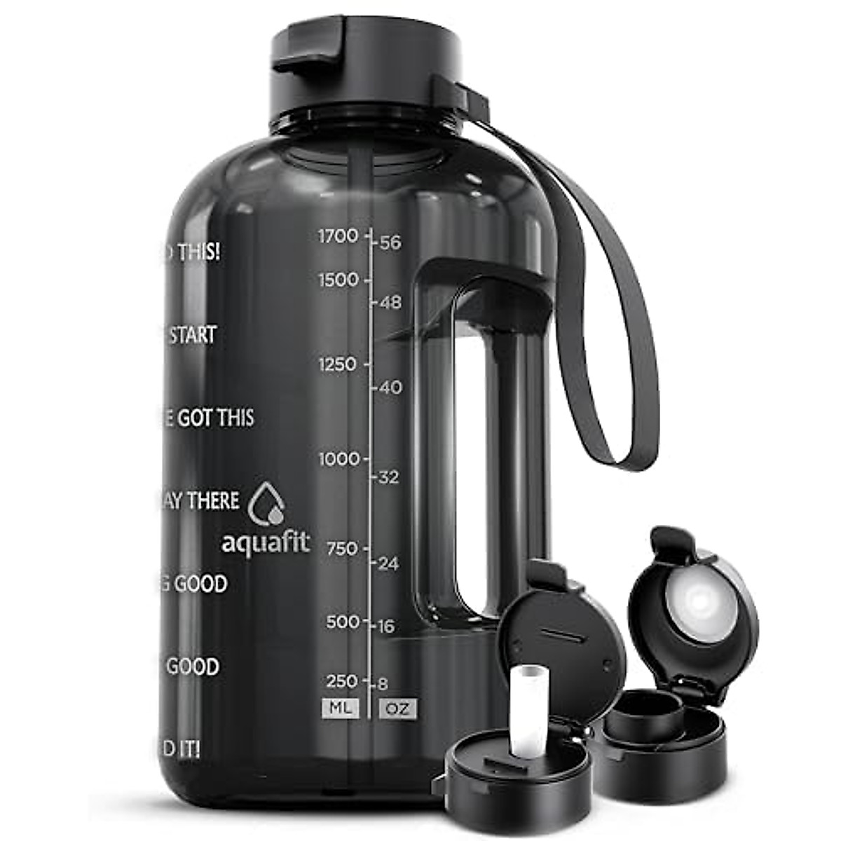 AQUAFIT Half Gallon Water Bottle with Time Marker - Straw & Chug Lid - Big Water Bottle with Straw - BPA Free Gym Water Bottle with Handle - Gallon Water Jug (64 oz - 2 Lids, Gray)