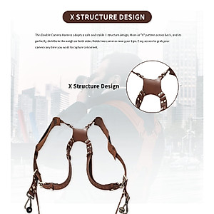 Double Camera Strap,Camera Shoulder Strap for Two Cameras,Adjustable Leather Double Camera Harness Brown