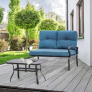 Oakcloud Outdoor 2 Pcs Patio Loveseat Bench Metal Frame Furniture Set with Thick Cushions and Coffee Table, Wrought Iron Look (Peacock Blue)