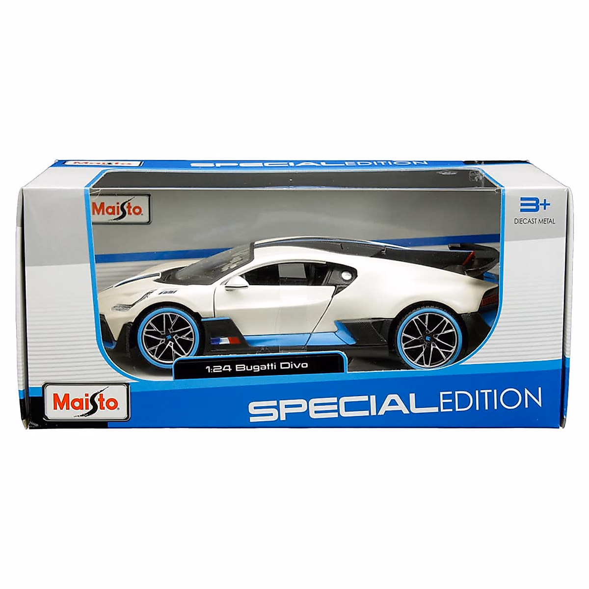 Toy Cars Bugatti Divo Satin White Metallic with Carbon and Blue Accents Special Edition 1/24 Diecast Model Car 31526