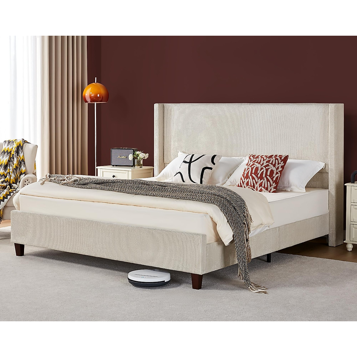 VanAcc King Size Platform Bed Frame, 50.8" Corduroy Upholstered Bed with Vertical Channel Tufted Headboard/Wooden Slats/Wingback/No Box Spring Required/Beige