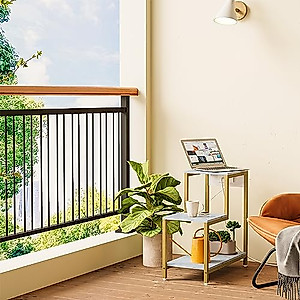 Snughome End Table with Charging Station, Narrow Side Table, 3 Tier Modern Nightstand with USB Ports and Outlet, Sofa Beside Table for Living Room, Bedroom，White and Gold