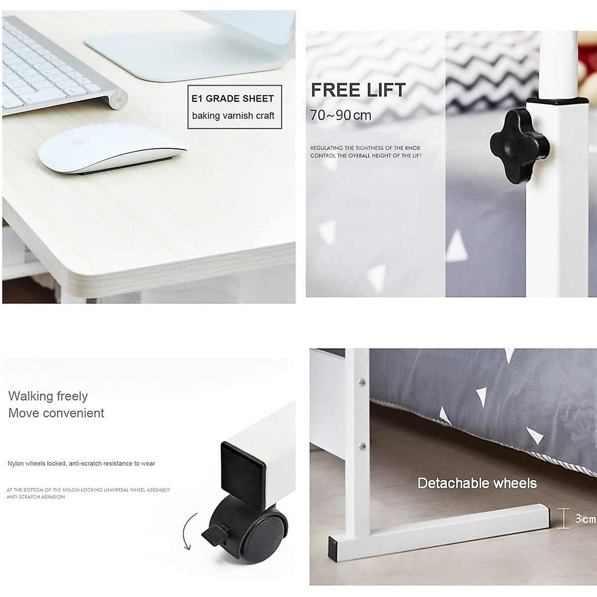 SogesPower 31.5 inches Mobile Laptop Desk with Slot Adjustable Side Table Computer Stand for Bed Sofa, White Maple