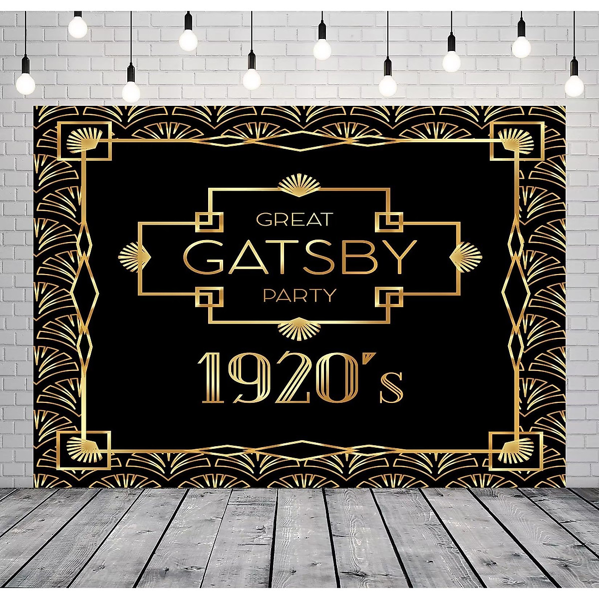 CORFOTO Fabric 9x6ft Gatsby Backdrop Photography Background for Birthday Party Decoration Black Gold Pattern Retro 1920s Roaring Holiday Celebration Prom Banner Dining Room Wall Hanging Props