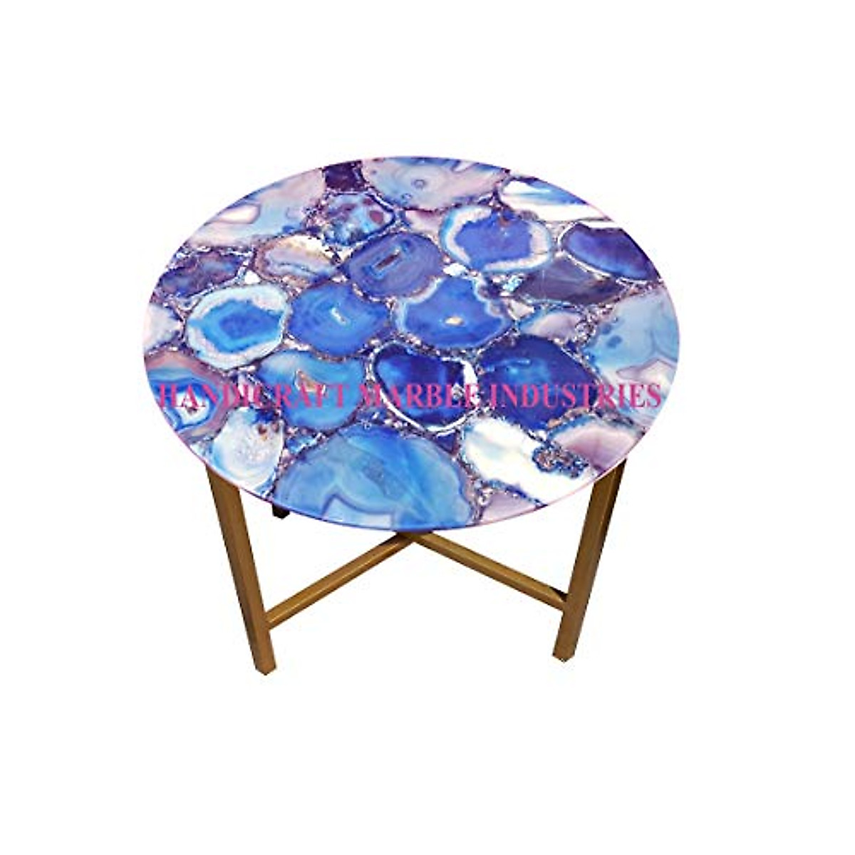 24" Inch Round Blue Agate Coffee Table with Metal Base, Blue Agate Stone Table, Blue Agate Stone Centre Table, Agate Round Corner Side Table Home Decor, Piece Of Conversation, Family HeirLoom