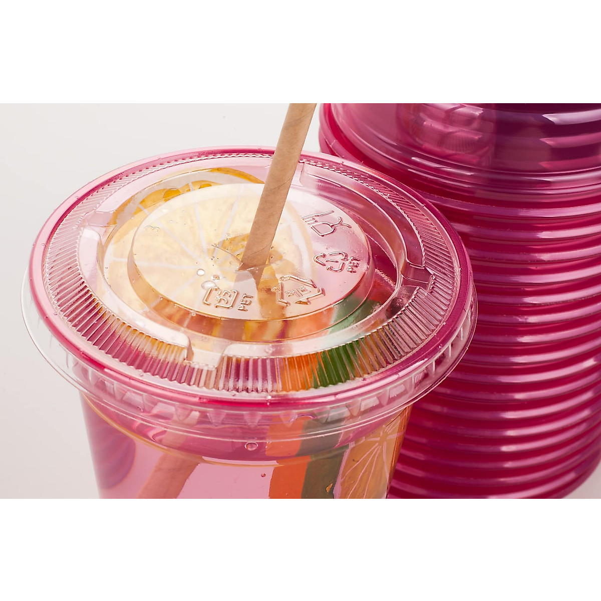 Golden Apple, 12oz 50sets Pink Red Plastic cups with Clear Flat lids X hole (50cups+50lids) BPA Free