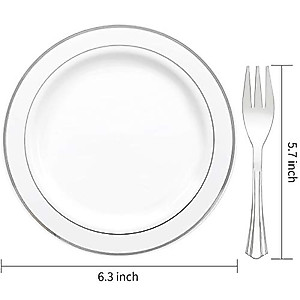 WELLIFE 120 PCS Silver Plastic Dessert Plates with 120 PCS Silver Forks,6.3 inch Disposable Salad Plates,Premium White Appetizer Plates with Silver Rims Ideal for Weddings& Parties.