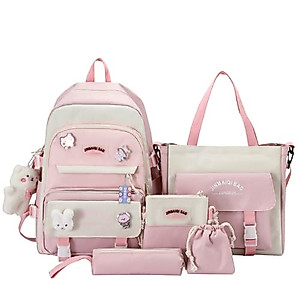 DAHUOJI Kawaii Backpack Set 5pcs Aesthetic Backpack for School Teens Girls Daypack Large with Pendants and Pins, Pen Case, Tote Bag, Small Bag(Pink)