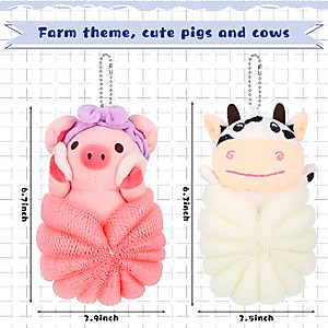 2 Pcs Bath Sponge Kids Body Shower Loofah Cute Animal Loofah Sponge Cartoon Shower Loofah Colorful Baby Bath Pouf Mesh for Toddler Children Adults Gifts Shower Washing Exfoliating (Pig, Cow)
