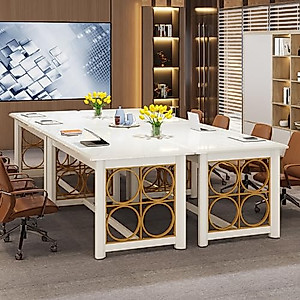 LITTLE TREE 63-inch White Executive Desk, Modern Office Desk with Stable Gold Metal Legs, Large Office Computer Desk, Home Office Business Furniture, Glossy White