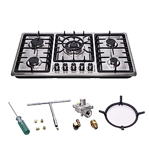 Henshar 34 inch Gas Stove top Built-In Gas Cooktop, 5 Sealed Burner with Thermocouple Protection Stainless Steel NG/LPG Convertible Gas Hob, Built-In Gas Stovetop KN5809