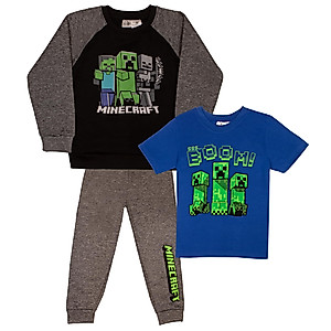 Minecraft Boys 3 Piece Fleece Pants Sets, Crew Neck Sweatshirt, T-Shirt, and Pants 3-Pack Bundle Set for Boys (Black/Blue, Size 4)