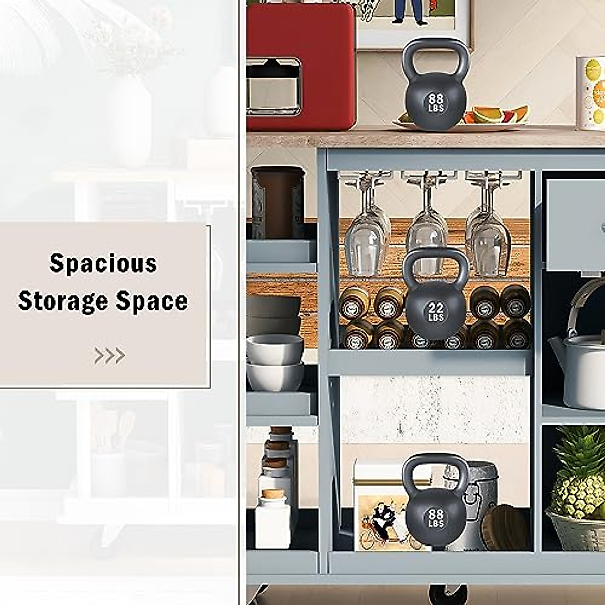 FEELLE Multipurpose Kitchen Island Cart Rolling Kitchen Island with Side Storage Shelves, Rubber Wood Top, Adjustable Storage Shelves, 5 Wheels, Island Table for Kitchen with Wine Rack, Blue