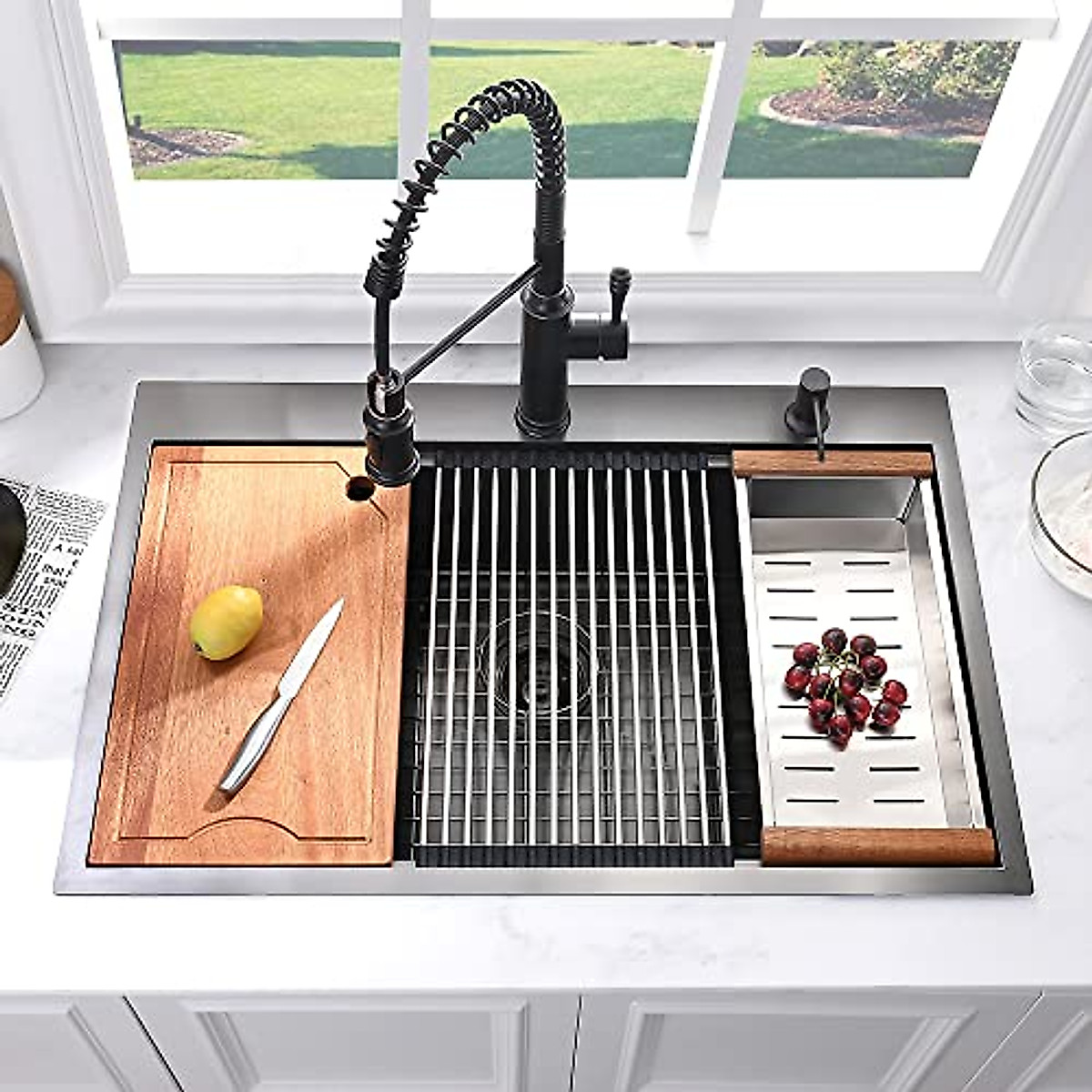 SOMRXO 33 Inch Drop In Kitchen Sink Black Stainless Steel Workstation 33x22 Kitchen Sink Drop In Workstation Sink Topmount 16 Gauge Gunmetal Black Stainless Steel Sink 10"Deep Single Bowl Kitchen Sink