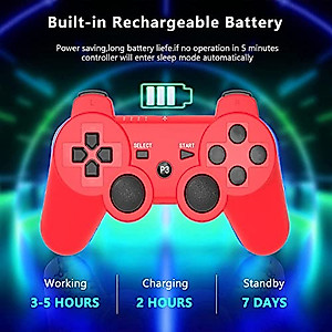 Rzzhgzq 2 Pack PS3 Wireless Controller Playstation 3 Controller Wireless Bluetooth Gamepad with USB Charger Cable for PS3 Console (Red+Green)