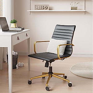 LUXMOD Leather Office Chair in Black, Gold Ergonomic Home Office Desk Chair with Armrests, Mid Back Leather Office Chair for Back Support, Adjustable Black and Gold Chair (1pcs)