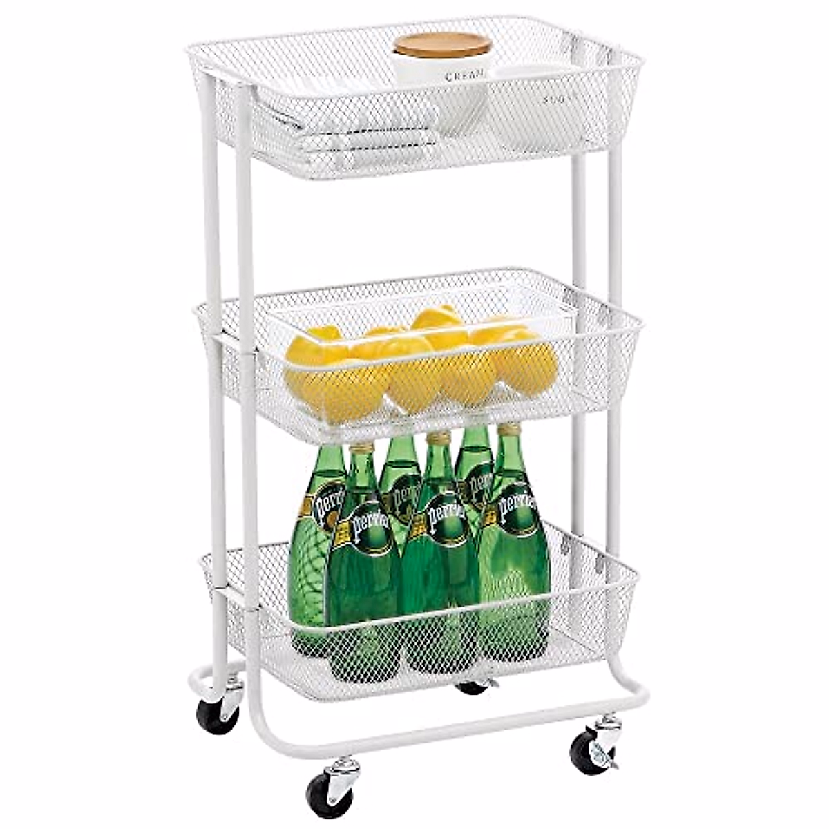 mDesign Metal 3-Tier Portable Rolling Household Storage Cart for Bathroom, Kitchen, Craft Room, Laundry Room, and Kid's Playroom - 4 Rotating Wheels - White