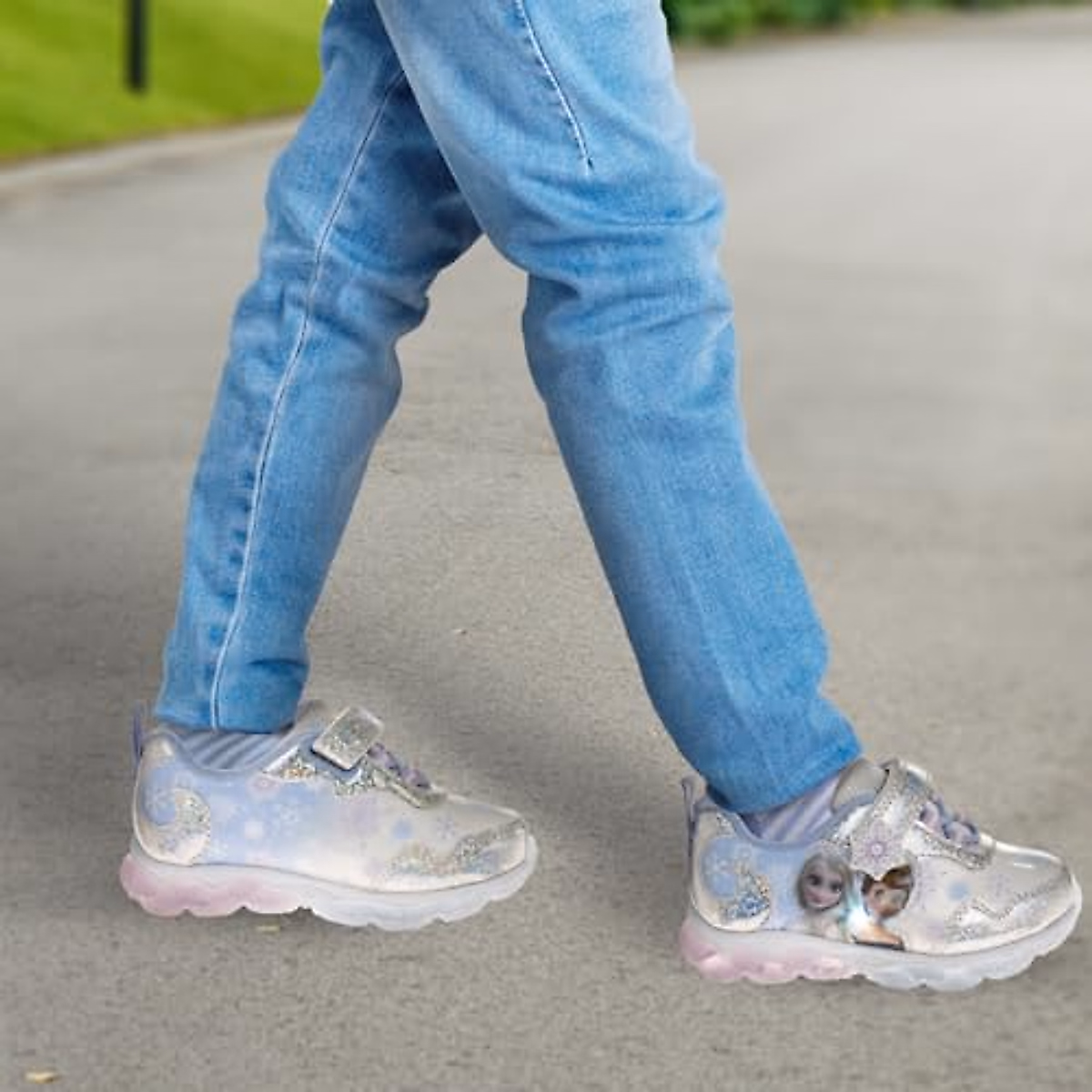 Disney Frozen LED Light up Shoes for Girls - Princess Anna and Elsa Lightweight Breathable Tennis Running Sneakers - Blue/Silver (Size 9 Toddler)