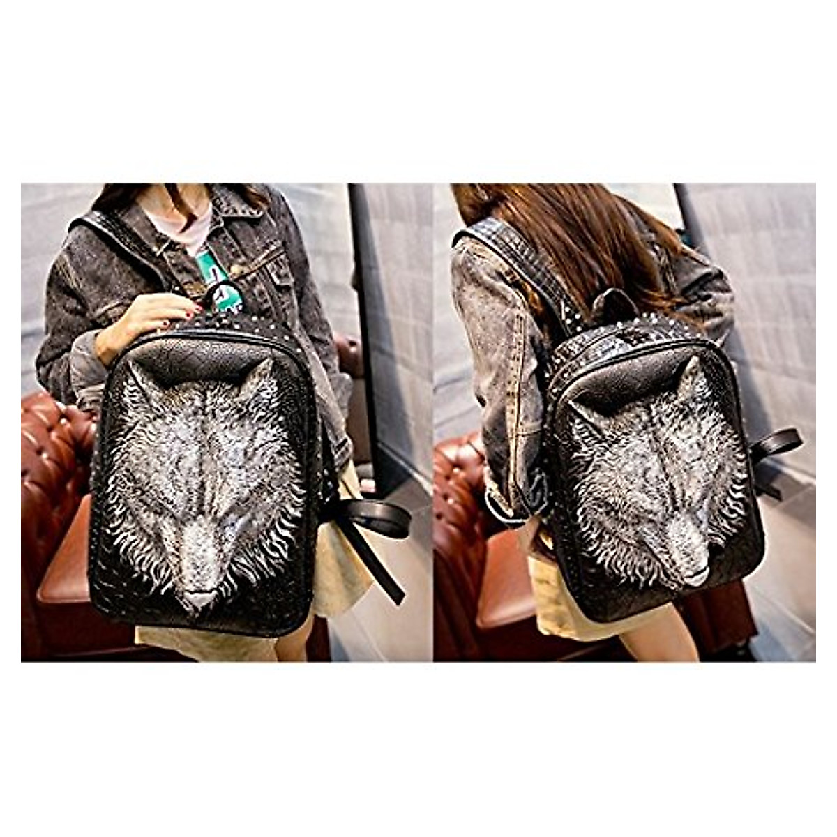 Seamand Personalized 3D Wolf PU Leather Casual Laptop Backpack School Bag