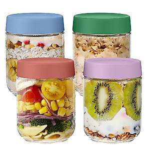 Luxfuel 16oz Glass Jars with Lids, Reusable Wide Mouth Mason Jars, Airtight Leak-Proof, for Glass Food Storage Containers Meal Prep - Set of 4