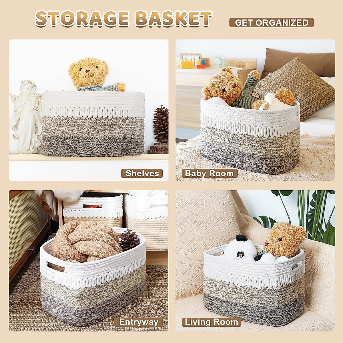 AROPEME Storage Basket for Shelves, 15"x10"x9" Woven Basket with Handles for Organizing, Cotton Rope Basket for Storage, Baby Nursery Toy Bin, Medium Rectangle Blanket Basket, Brown