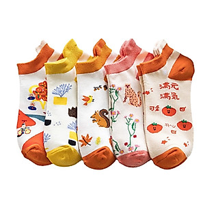 Tooe 5 Pairs Women's Pattern Printing Striped Crew Socks Ankle Embroidered Crew Socks Cute Cottagecore Aesthetic Socks (5 Pairs,One size)
