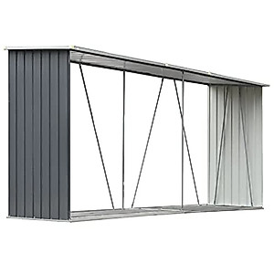 vidaXL Garden Log Storage Shed Heavy Duty Outdoor Backyard Timber Storage Cabin Firewood House Galvanized Steel 129.9" Gray