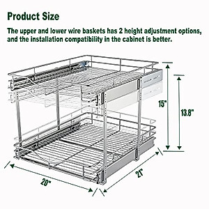 DINDON 2 Tier Pull Out Cabinet Organizer (20" W X 21" D), Double Tier Wire Basket Slide Out Shelf Storage for Kitchen Base Cabinet Organization ​for Kitchen, Pantry, Bathroom, Chrome