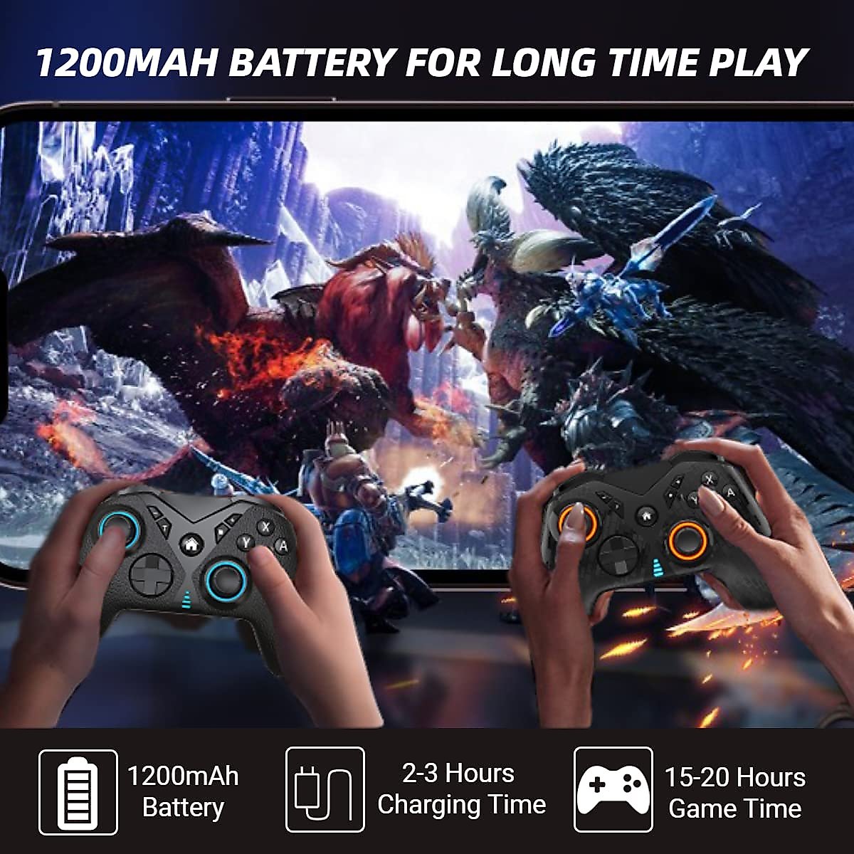 arVin Wireless Gaming Controller for iPhone/iOS/Android/PC/Steam/Switch Controllers Bluetooth Gamepad Joystick with 4 Back Button/Turbo/6-Axis Gyro/Dual Motors/RGB Light/Phone Holder/1200mAh Battery