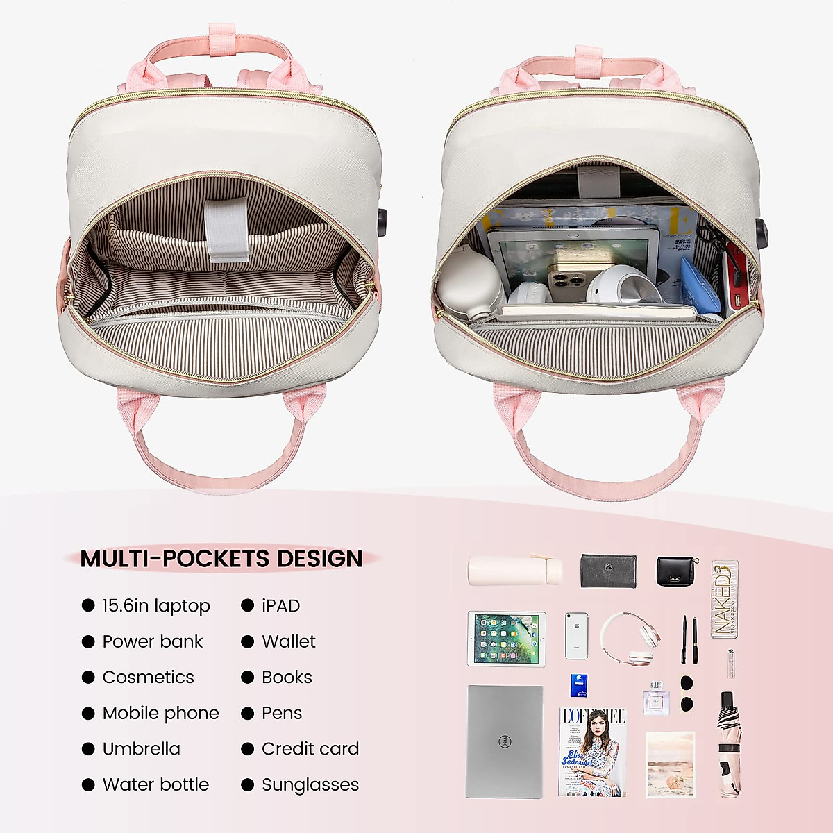 LOVEVOOK Laptop Backpack Purse for Women, 15.6 Inch Waterproof Work Laptop Bag, Large Teacher Nurse Bag with USB Port, Business Travel Computer Backpack, Beige-Pink