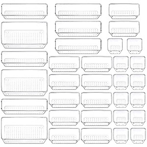 Fixwal 33 PCS Clear Drawer Organizer Set, 4-Size Plastic Drawer Organizers Trays Bathroom Organizers Dresser Storage Bins Separation Box for Makeup, Jewelries, Gadgets, Bathroom, Office, Bedroom.