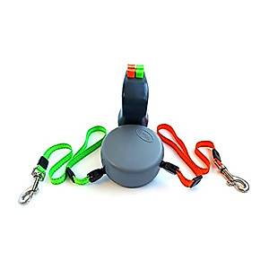 WIGZI (2 Two Dog Reflective Retractable Pet Leash – 360 Degree Zero Tangle Patent - Two Dogs Each up to 50 lbs and 10ft. Reflective Orange and Green Leads. Dual Locking, Small, Gray