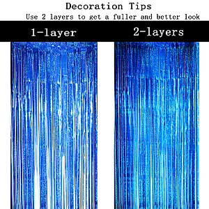 Blue Metallic Foil Fringe Curtains - Wedding Anniversary Birthday Graduation Bachelorette Retirement Christmas New Years Party Celebration Photo Booth Backdrop Decoration, 3.2 ft x 9.8 ft, 2pc