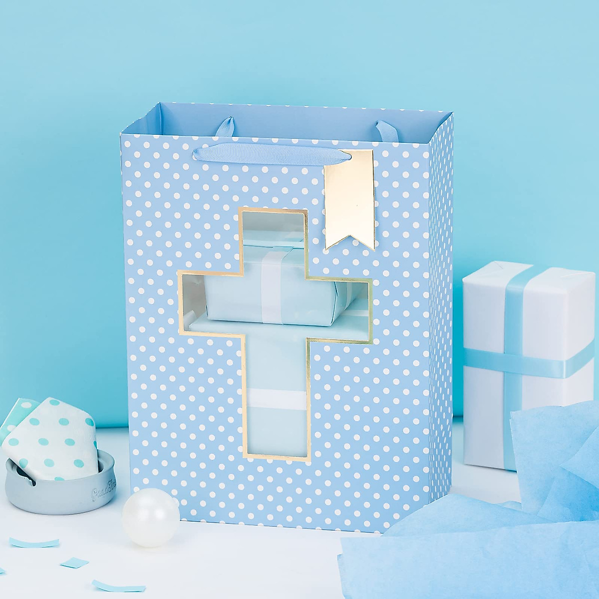 Loveinside Blue Gift Bag with Cross Design, Tissue Paper for Baby Boy Baptisms, Christenings, First Communions Religious Occasion- 10" x 5" x 13", 1 Pcs
