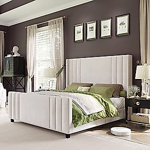 Amerlife Queen Size Bed Frame, Velvet Upholstered Platform Bed with Vertical Channel Tufted Headboard & Footboard/Wingback, Mattress Foundation with Wood Slats, No Box Spring Needed, Cream