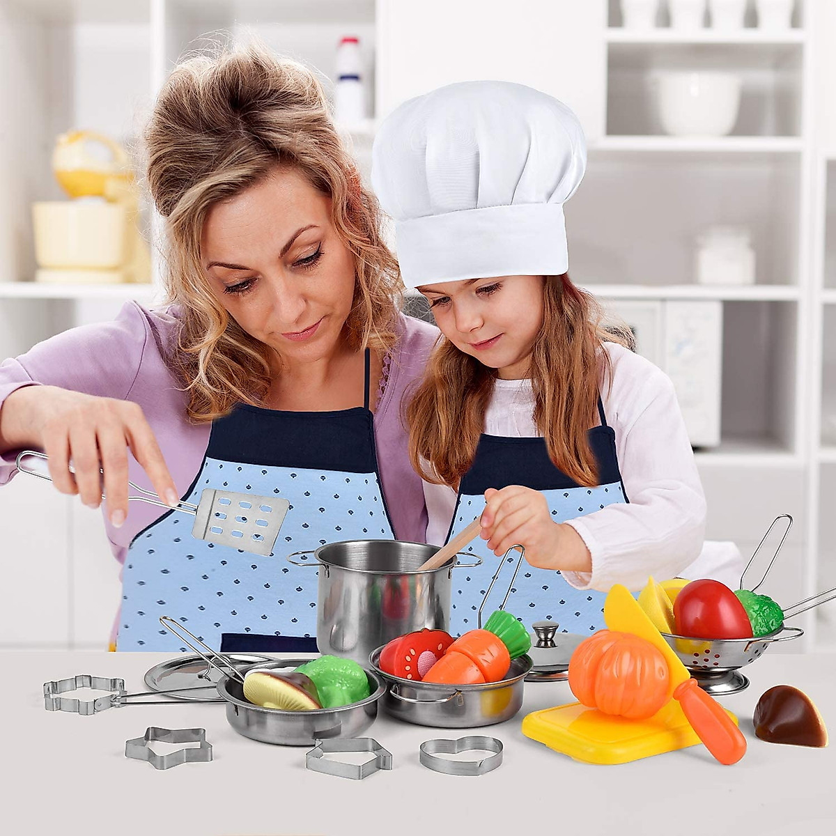 COSILY Kitchen Pretend Play Toys, Kids Cooking and Baking Set with Stainless Steel Cookware Pots and Pans Set, Cooking Utensils, Apron & Chef Hat, Cupcake Moulds, Cutting Vegetables for Boys and Girls